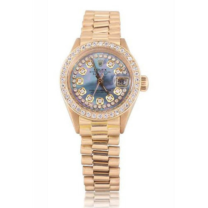 Bluish Gray Mop String Diamond Dial Ladies Yellow Gold Rolex Watch ...